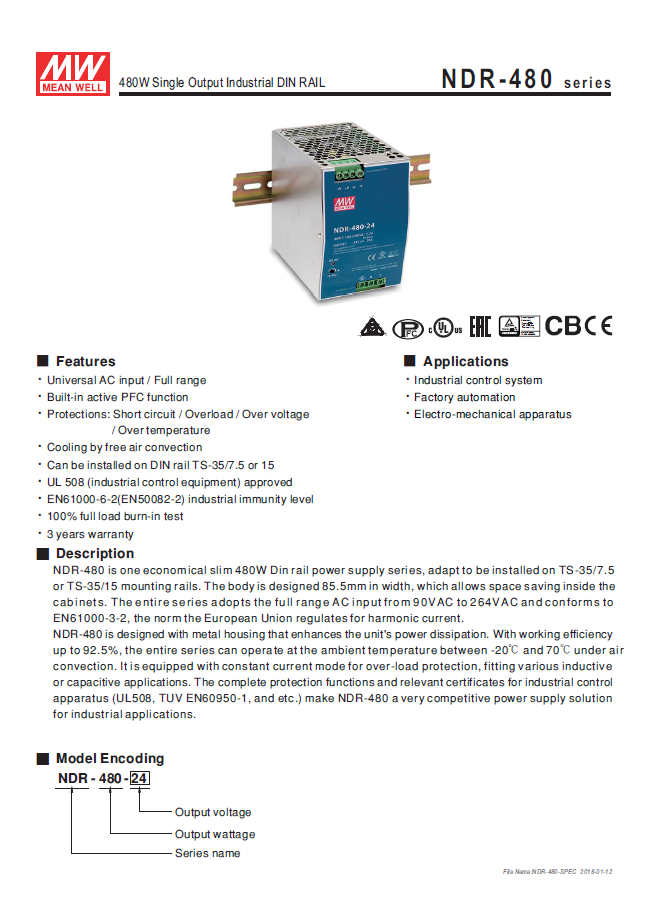 Meanwell NDR-480-24 24V 20A DIN Rail Power Supply